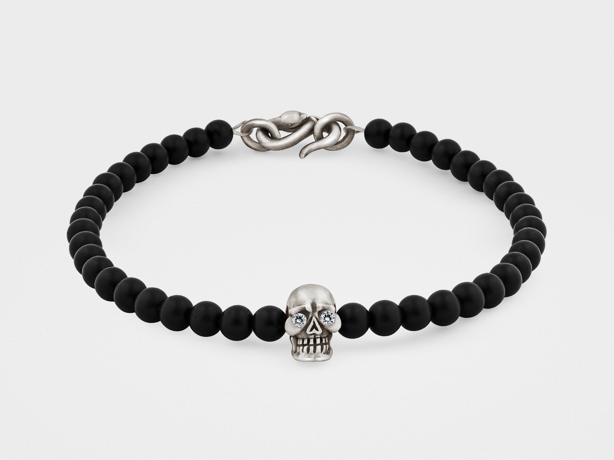 Diamond Eyes Skull Bracelet in .925 Silver with Onyx – Snake Bones